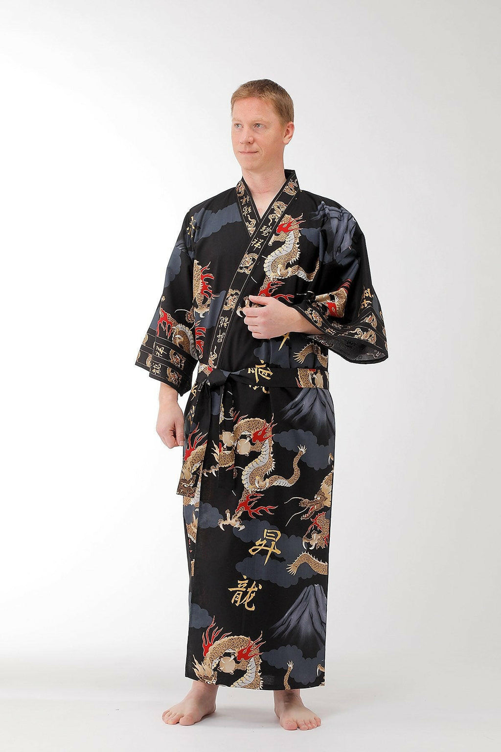 Men Dragon & Mt. Fuji Cotton Yukata Kimono Navy/Black/Red – Universal Robes