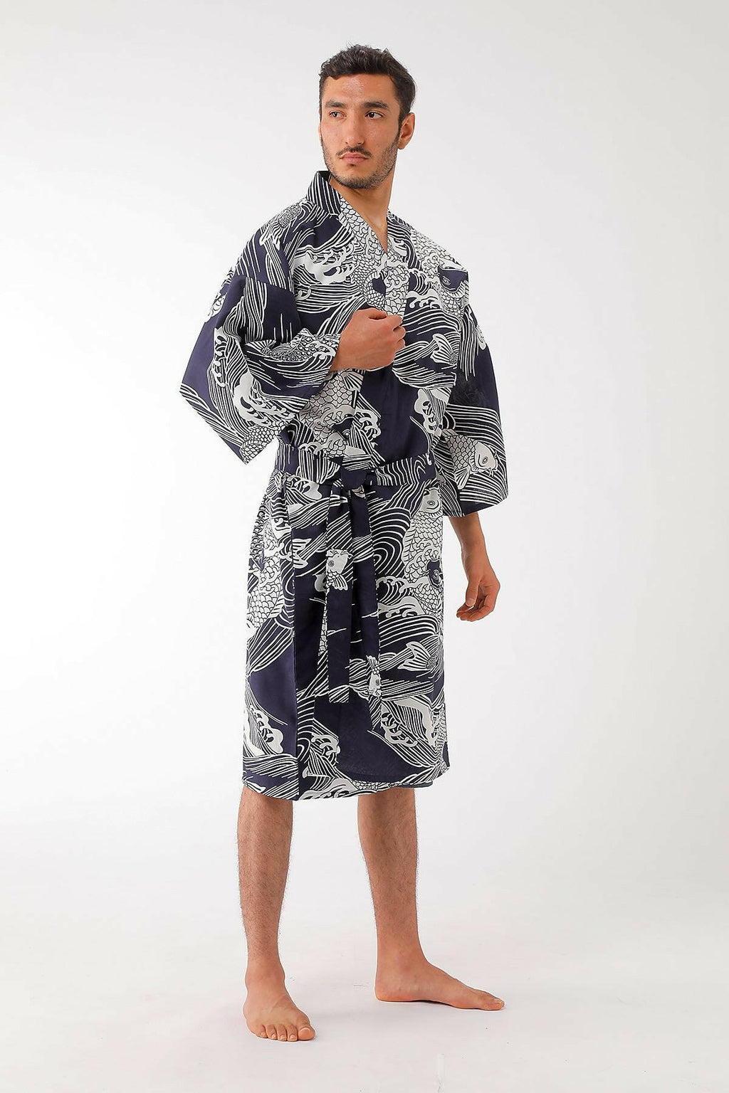 Men Carp Cotton Short Yukata Kimono Navy