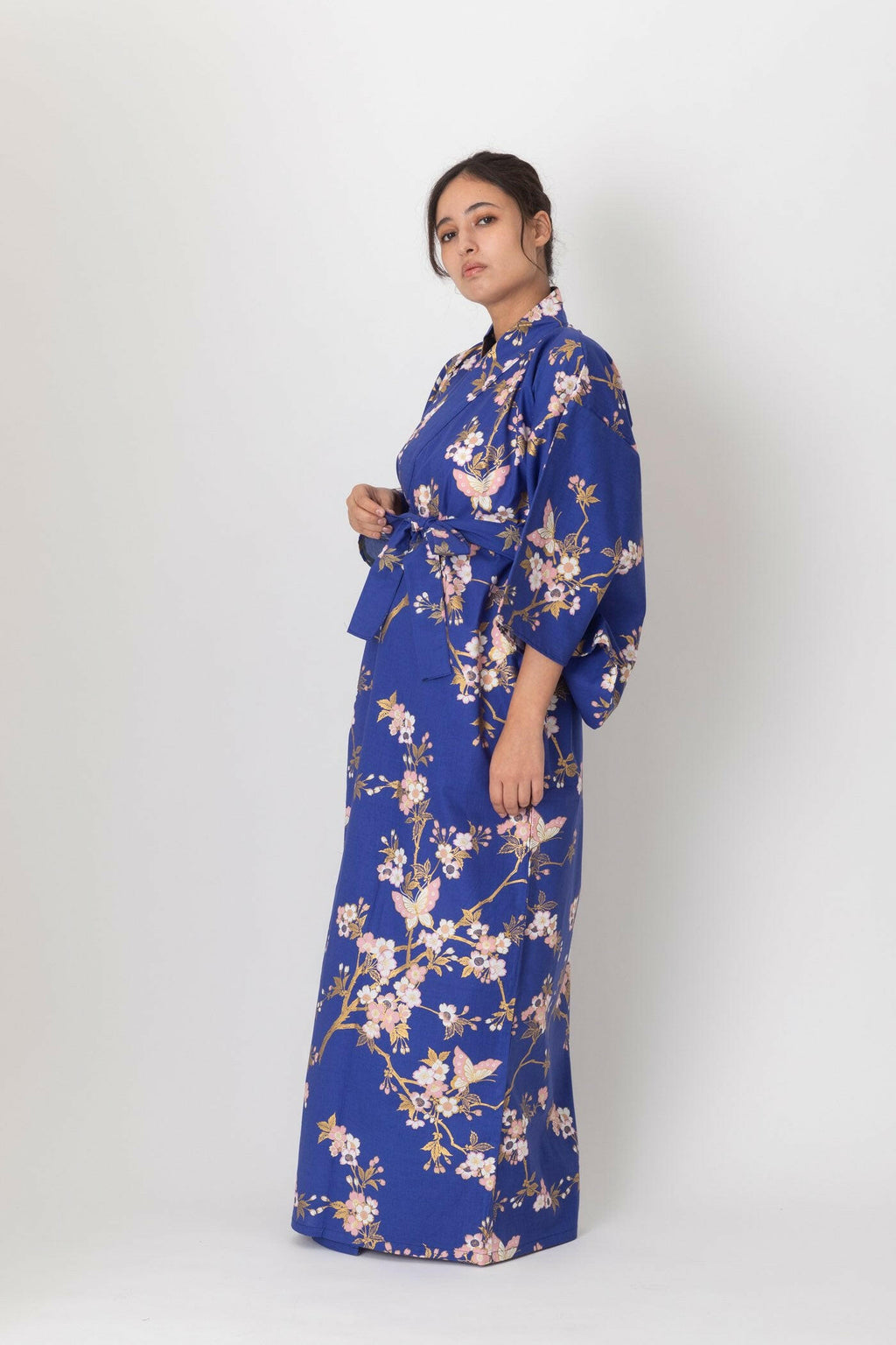 Women Cherry Blossoms & Butterfly Cotton Yukata Blue/Black/Red ...