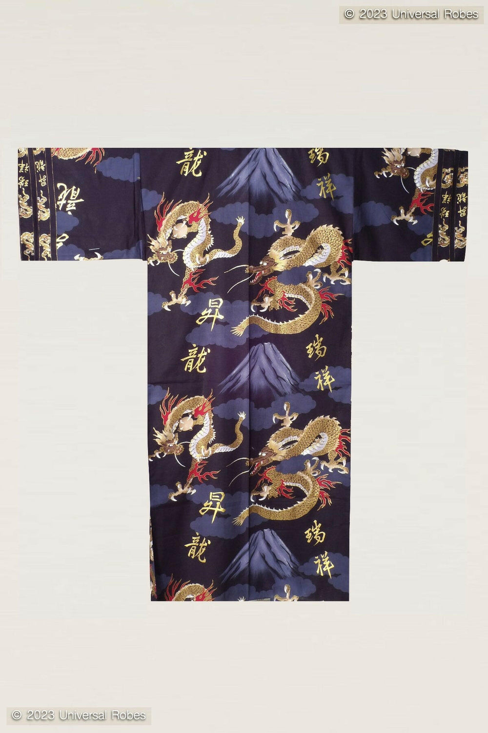 Men Dragon & Mt. Fuji Cotton Yukata Kimono Navy/Black/Red