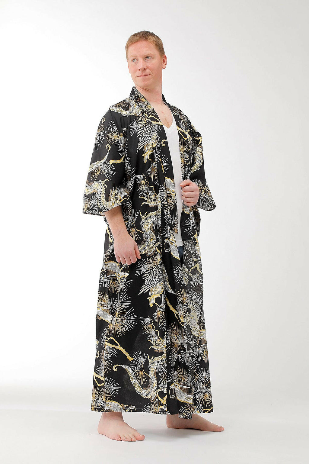 Men Dragon & Hawk Cotton Yukata Kimono Plus Size / Black